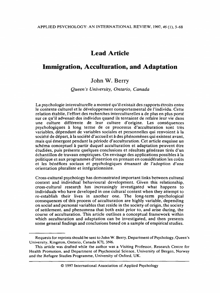 Acculturation Framework PDF | PDF | Coping (Psychology) | Multiculturalism