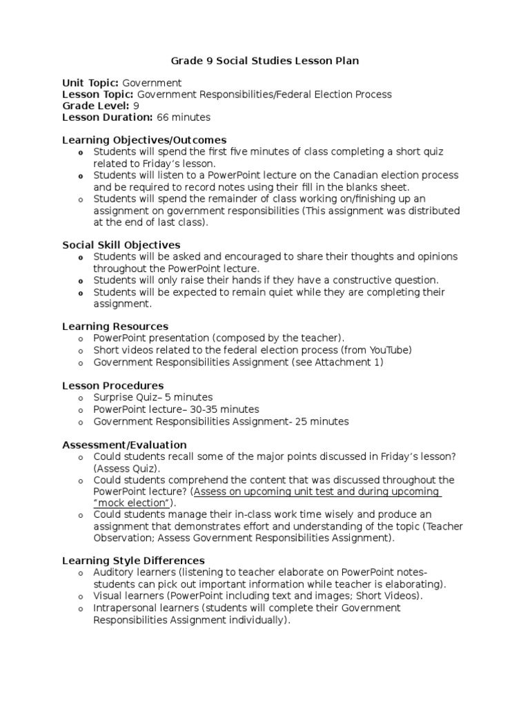 Grade 9 Social Studies Lesson Plan | PDF | Lesson Plan | Education Theory