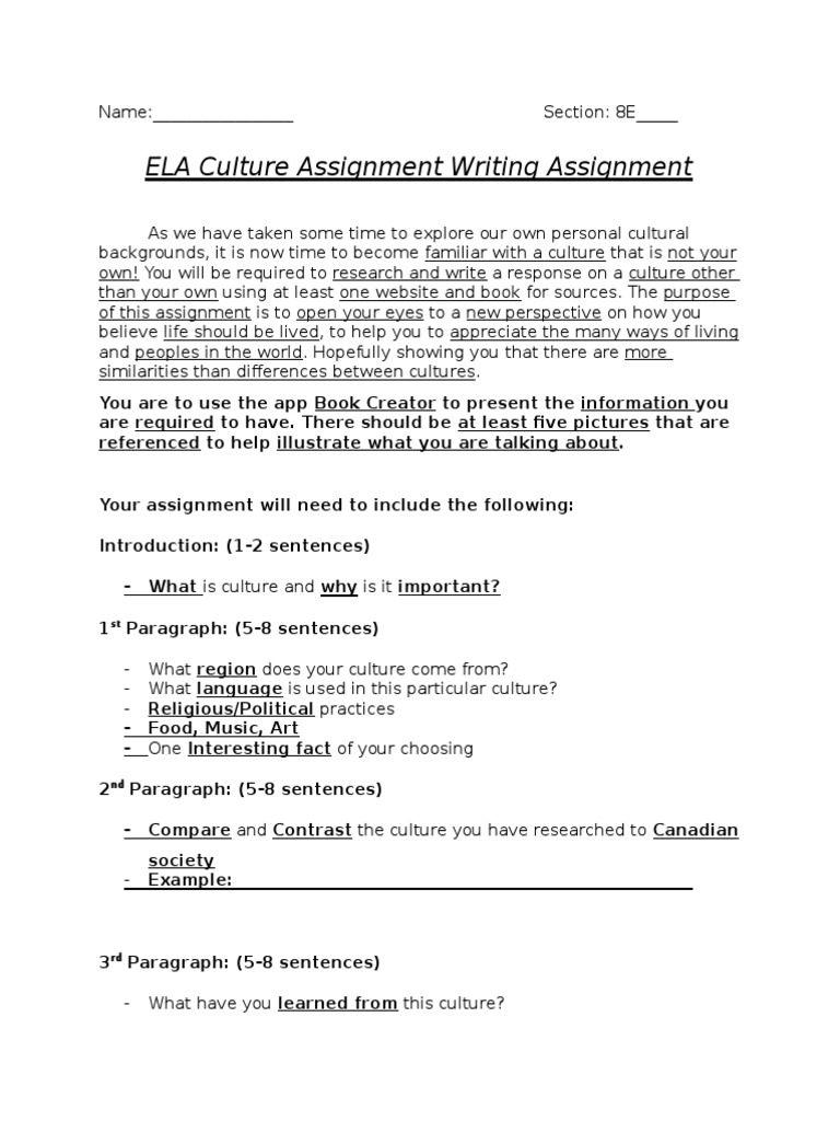 culture writing assignment | Information | Grammar