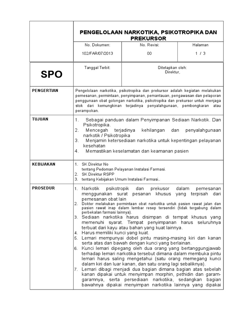Spo Pengelolaan Narko, Psiko Dan Prekursor RSHM | PDF