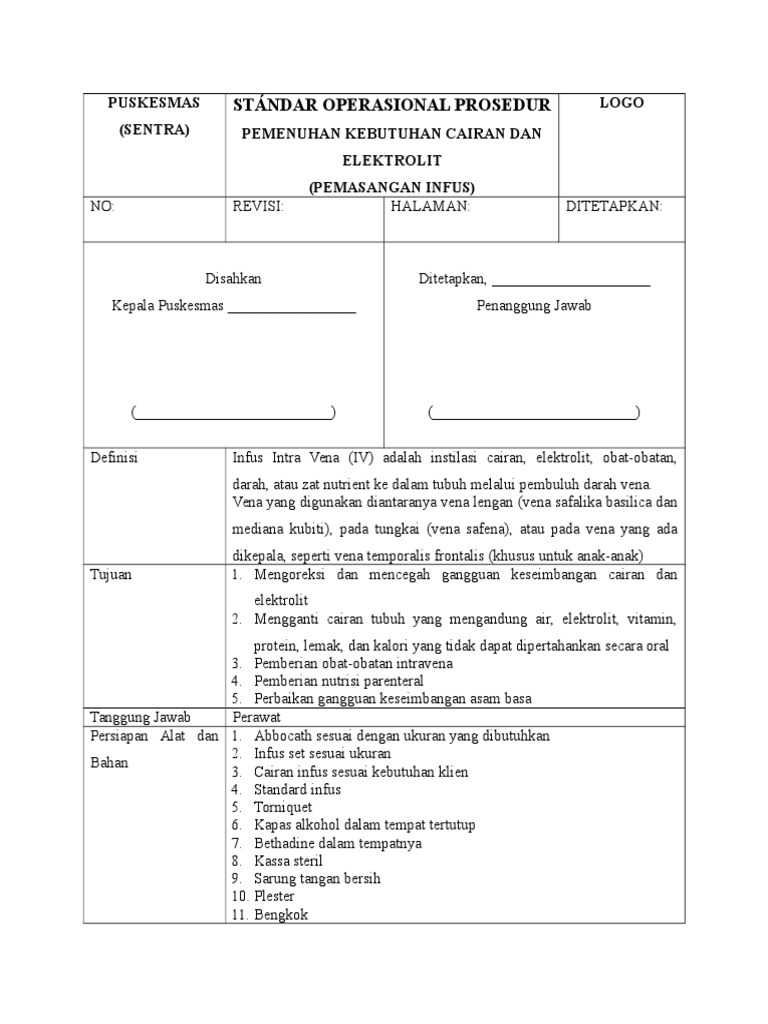 SOP Pemenuhan Kebutuhan Cairan Dan Elektrolit (Infus) | PDF | Kesehatan ...