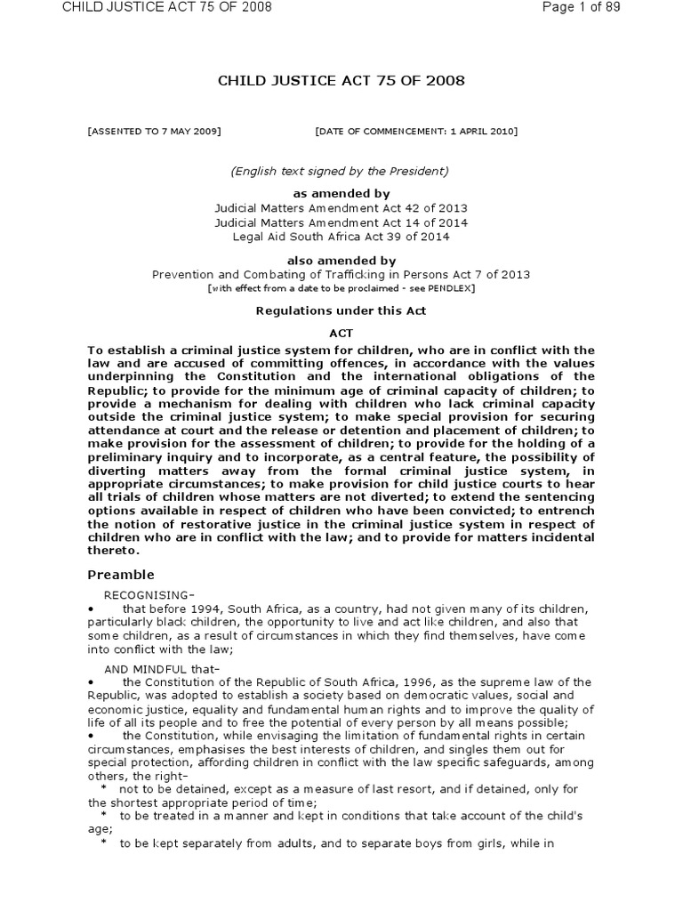 Child Justice Act 75 of 2008: (English Text Signed by The President ...