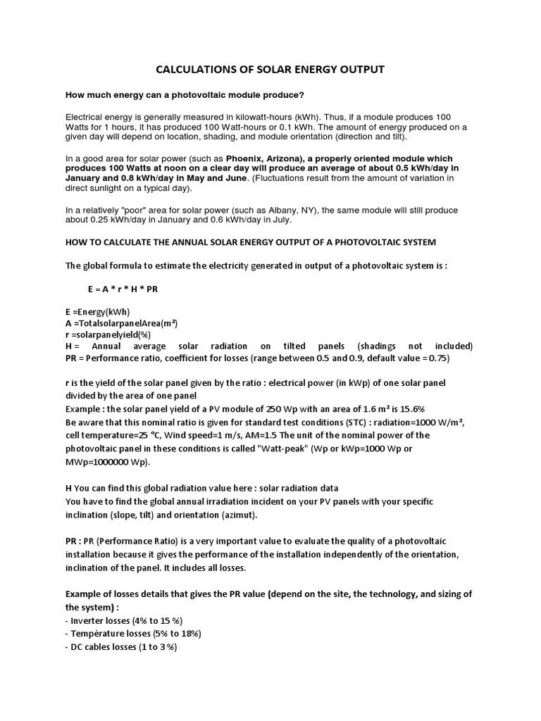 Calculations of Solar Energy Output | PDF | Kilowatt Hour | Solar Panel