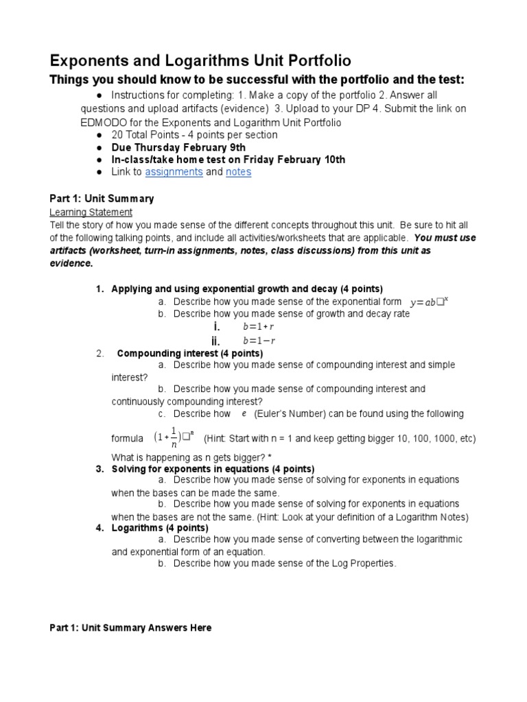 Exponents and Logarithms Portfolio Guide | PDF | Exponentiation ...