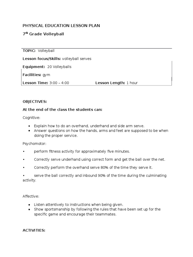 Volleyball Lesson Plan | PDF | Volleyball | Lesson Plan