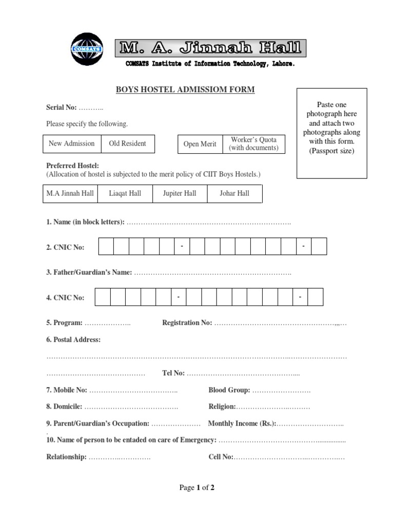 Boys Hostel Admission Form | PDF | Government Information | Government