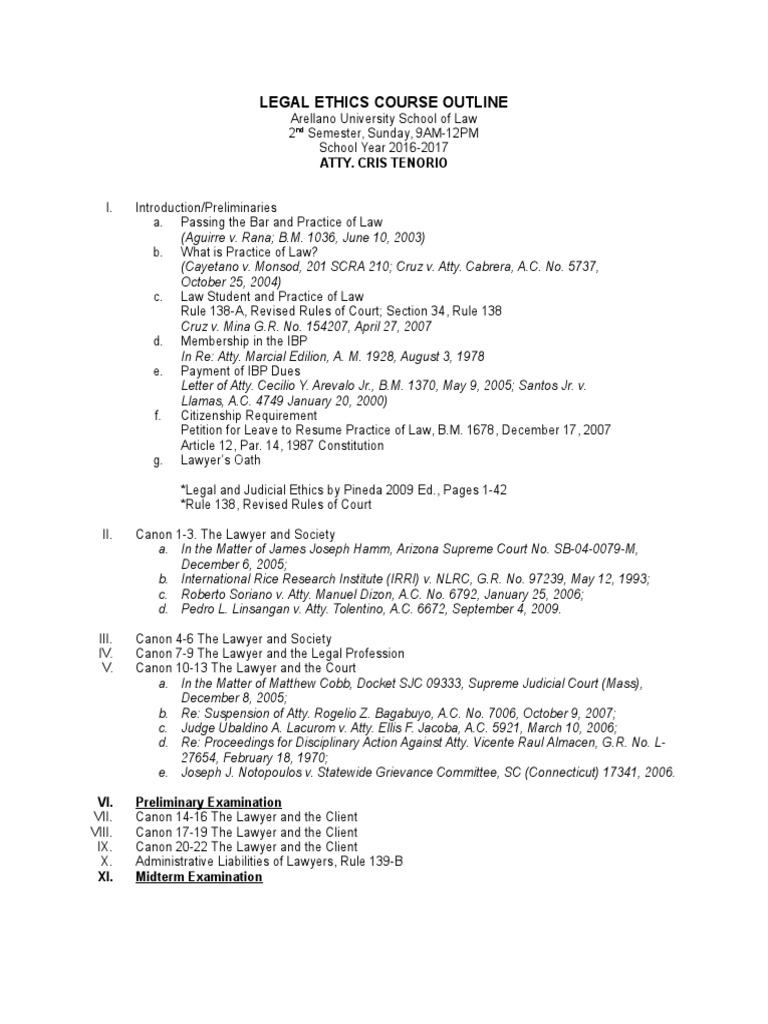 Legal Ethics Course Outline | PDF | Practice Of Law | Lawyer