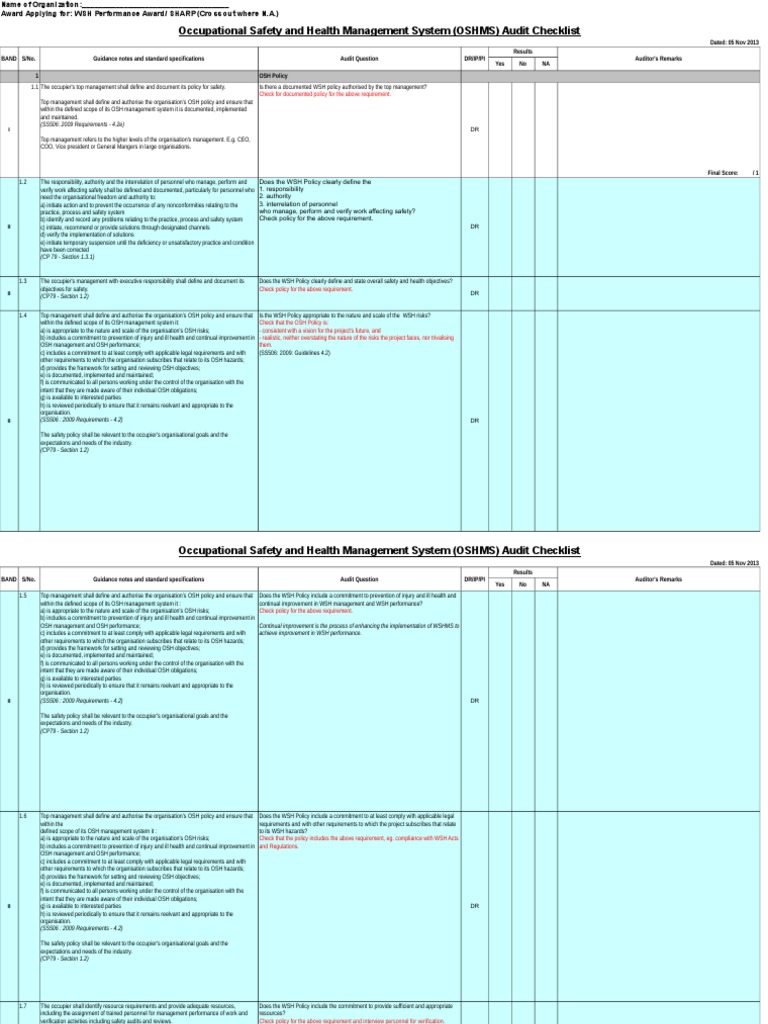 OSHMS Checklist | PDF | Occupational Safety And Health | Risk Management