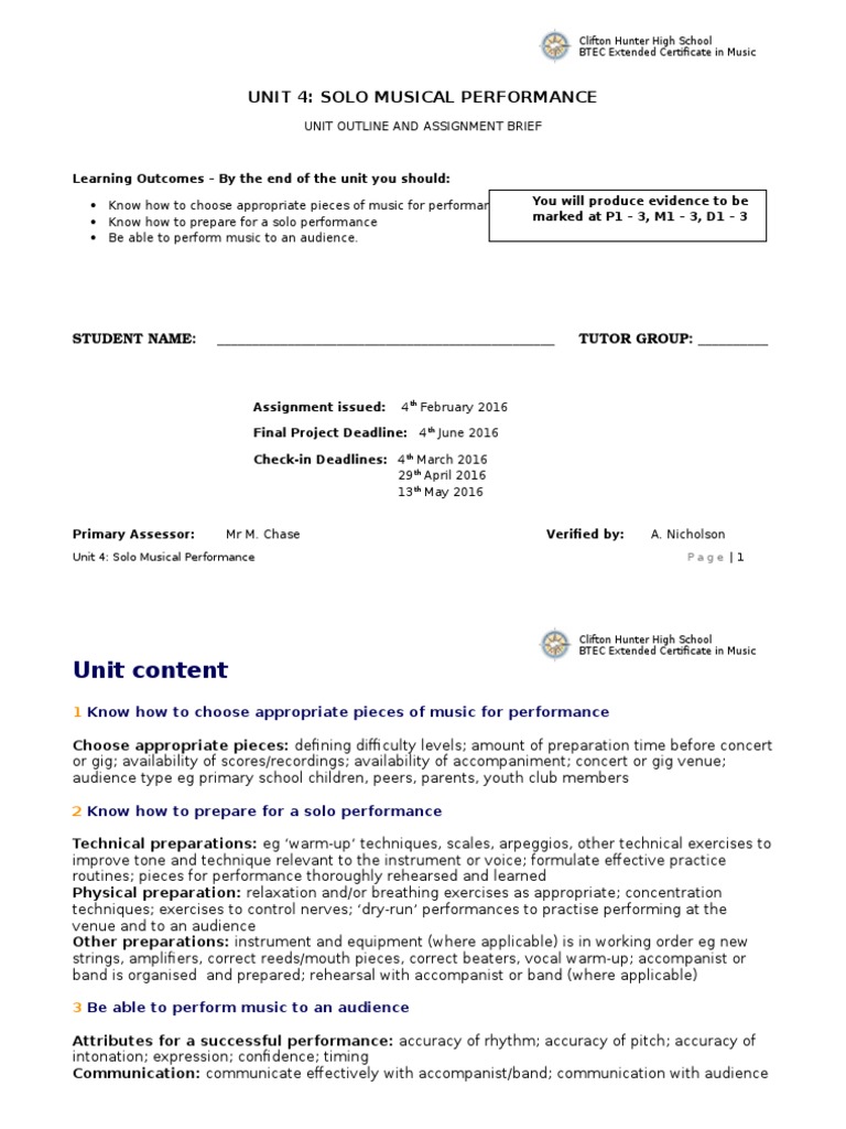 Unit 4 Assignment Brief Solo Musical Performance | PDF | Tempo | Sheet ...
