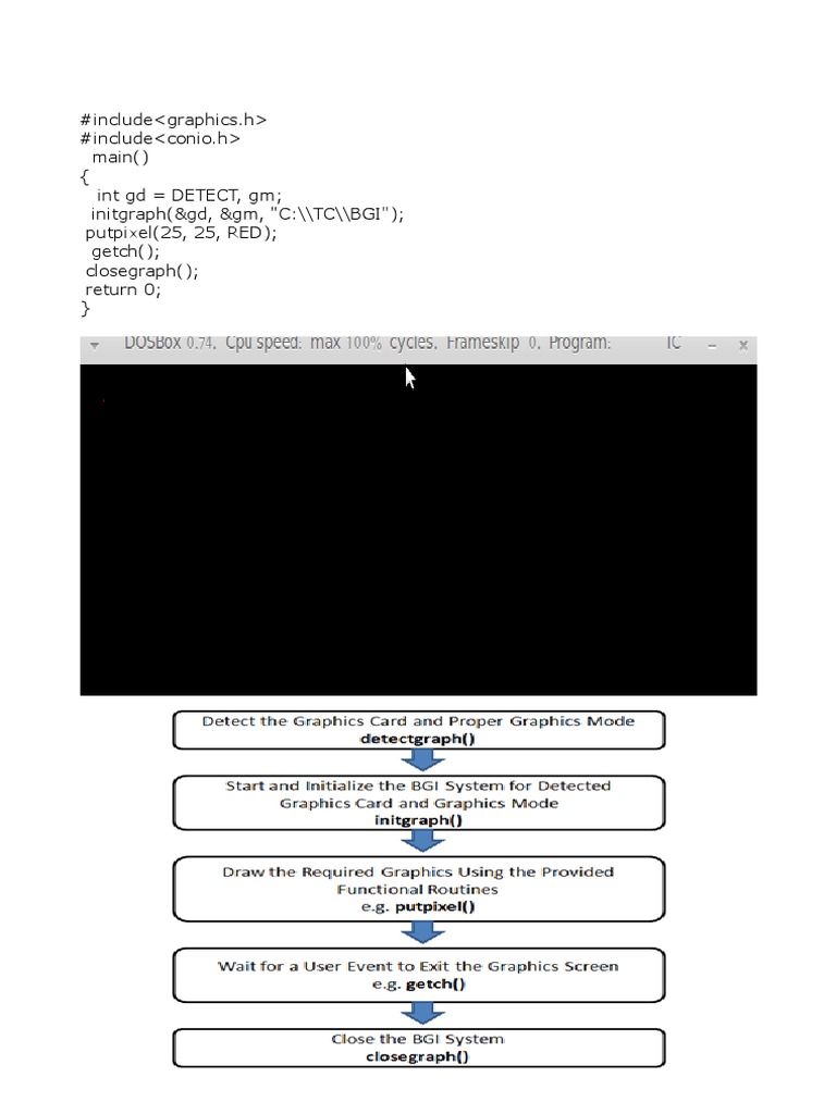 #include #include main (int gd = DETECT, gm; initgraph (&gd, &gm, "C://TC//BGI") ; putpixel (25 ...