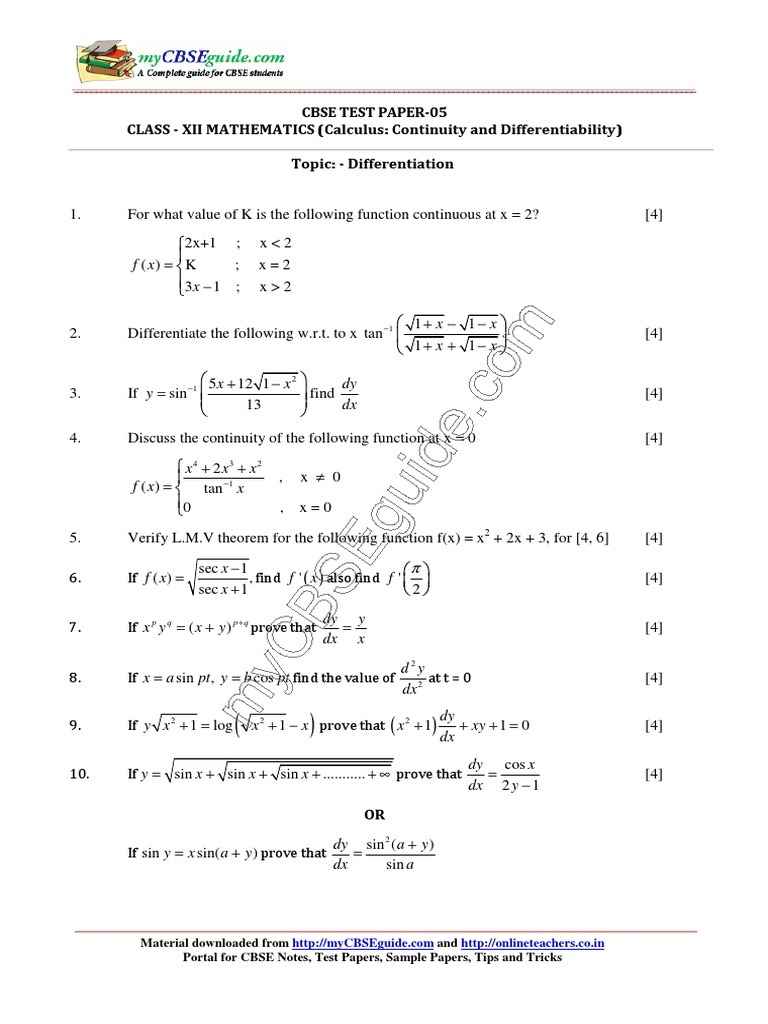12 Mathematics Calculus Differentiability Test 05 PDF | PDF | Teaching ...