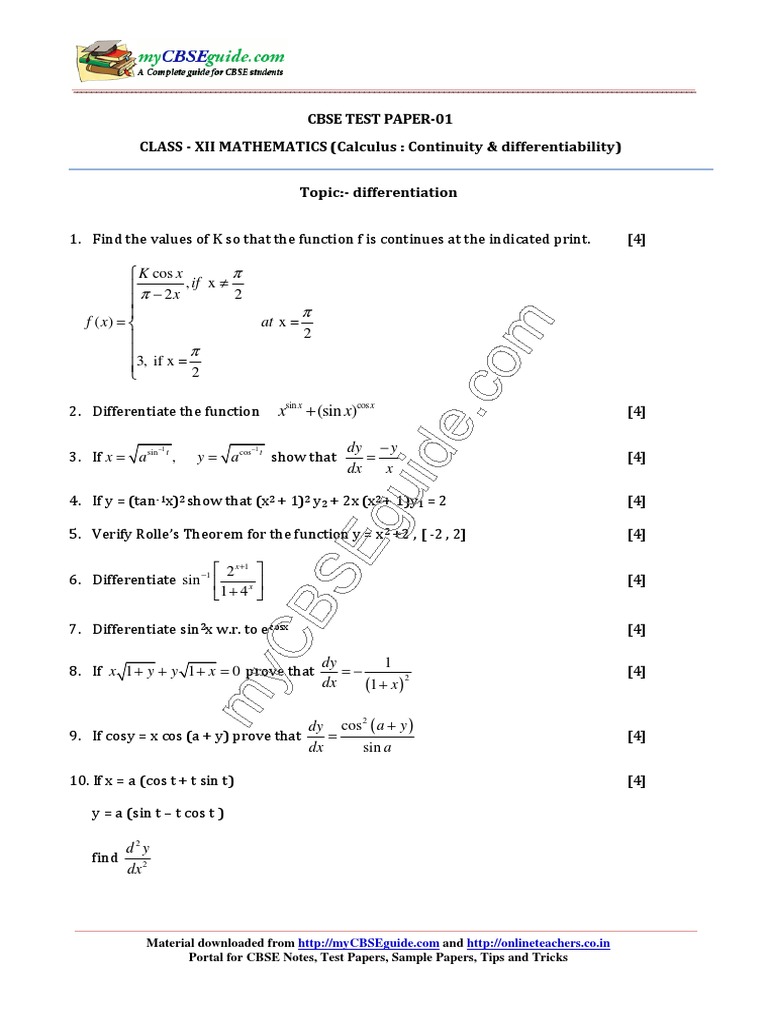 12 Mathematics Calculus Differentiability Test 01 | PDF