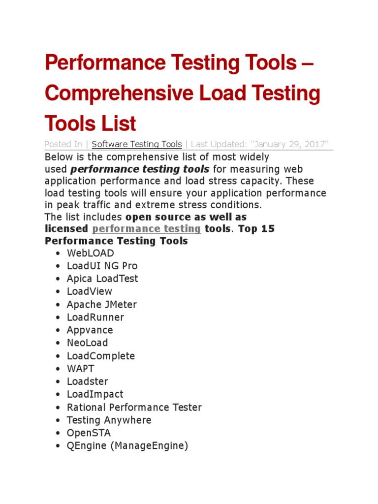 Performance Testing Tools - Comprehensive Load Testing Tools List | PDF