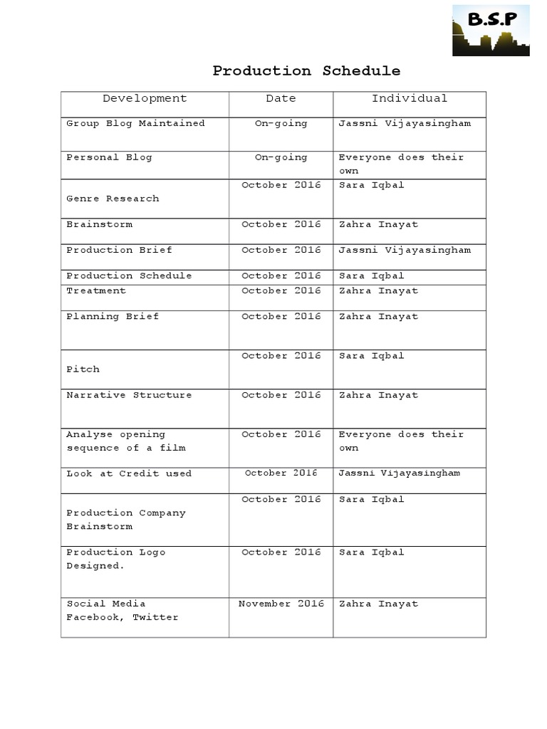 Film Production Schedule Overview | PDF | Communication | Leisure