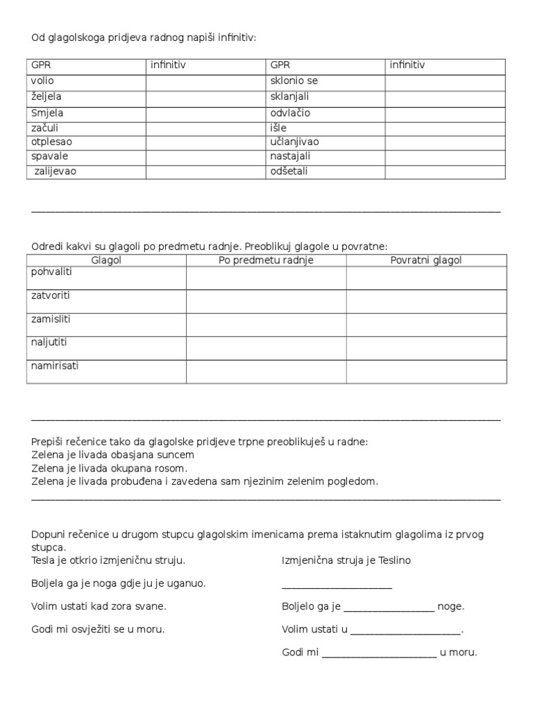 Glagolski Oblici Listici Vjezba