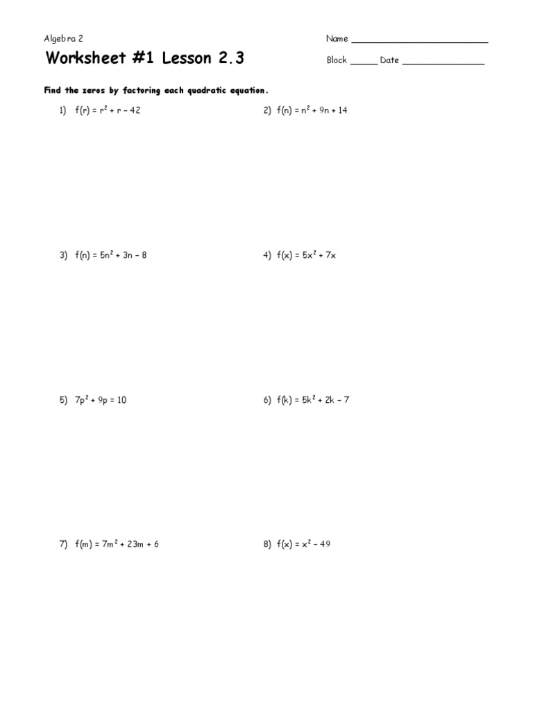 Algebra 2 Quadratic Zeros Worksheet | PDF