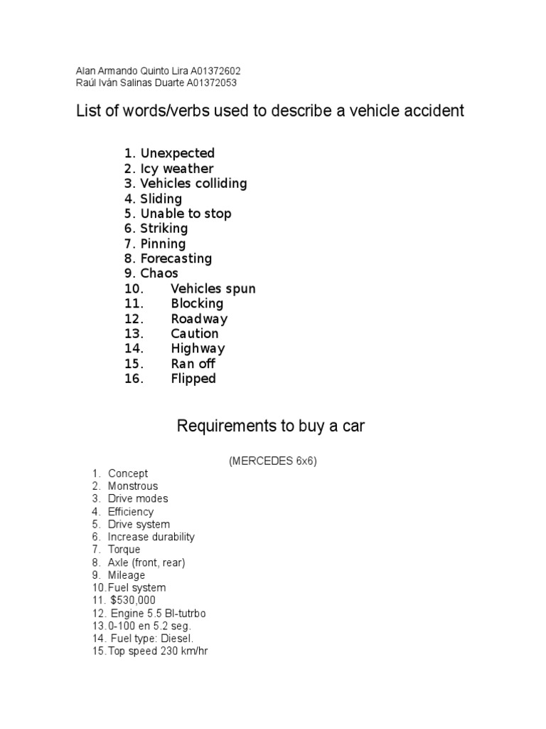 List of Words/verbs Used To Describe A Vehicle Accident | PDF
