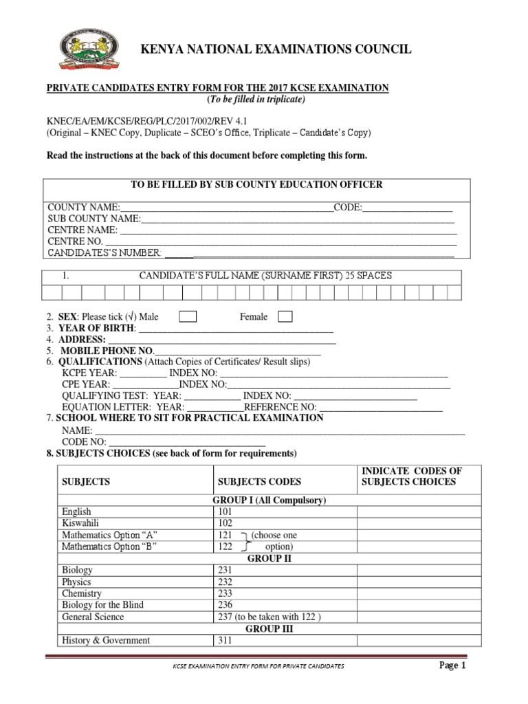 2017-Kcse Entry Form for Private Candidates | Identity Document | Test ...