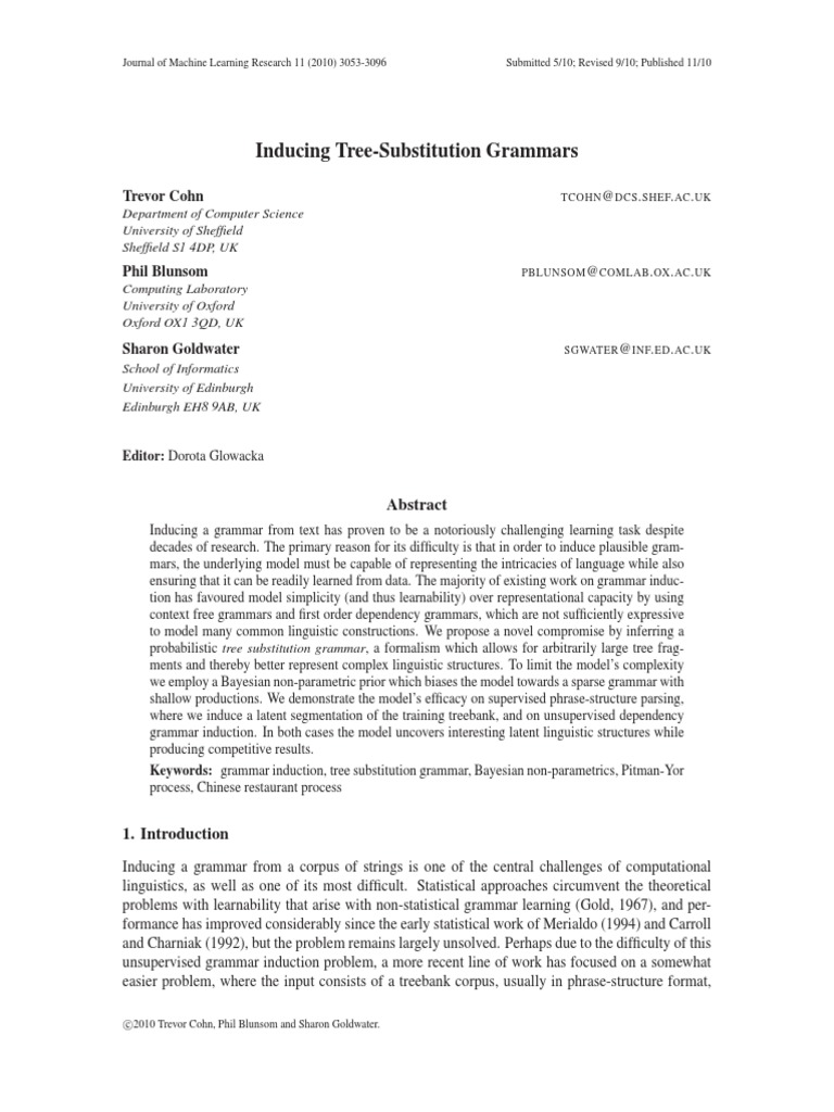 Inducing Tree-Substitution Grammars: Trevor Cohn | PDF | Parsing | Linguistics