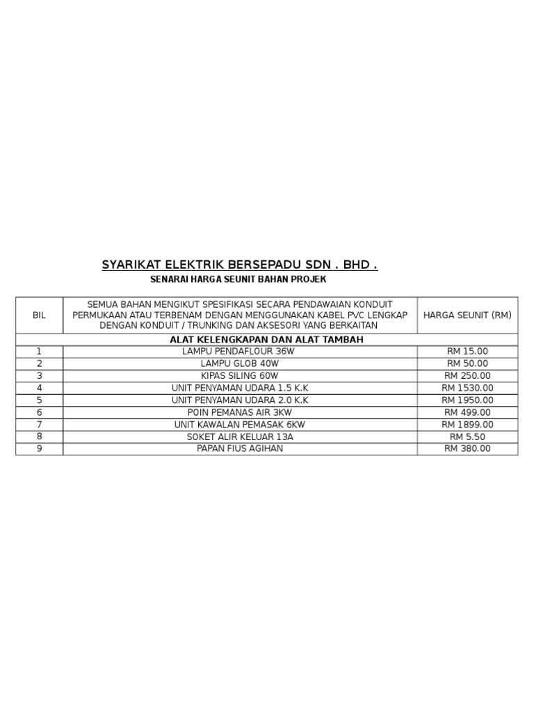 Senarai Harga Seunit Dan Sebut Harga Projek | PDF