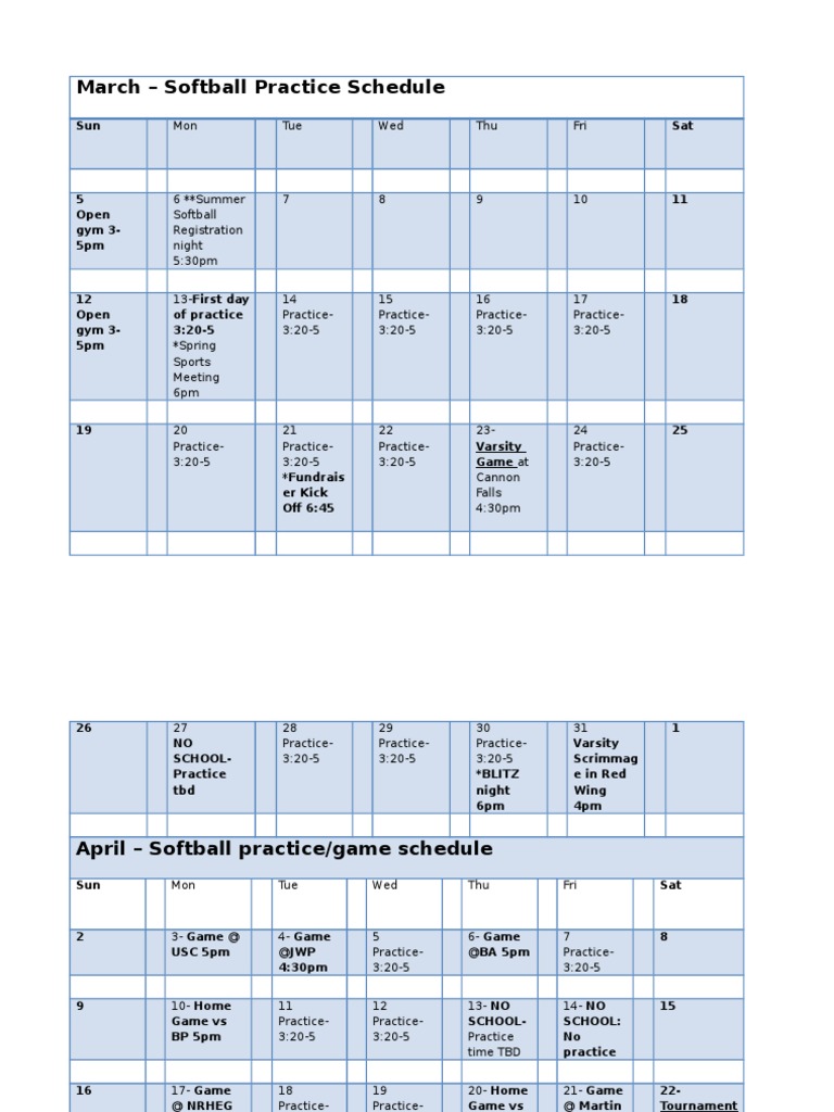 March-April Softball Practice Schedule | PDF