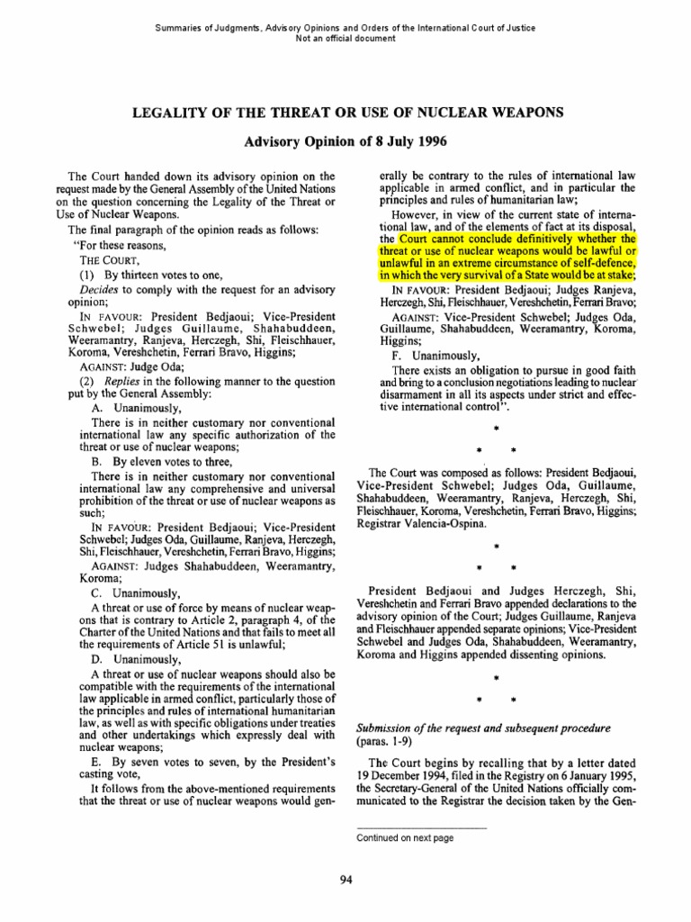 Nuclear Weapons Legality Advisory Opinion | PDF | Treaty | Advisory Opinion