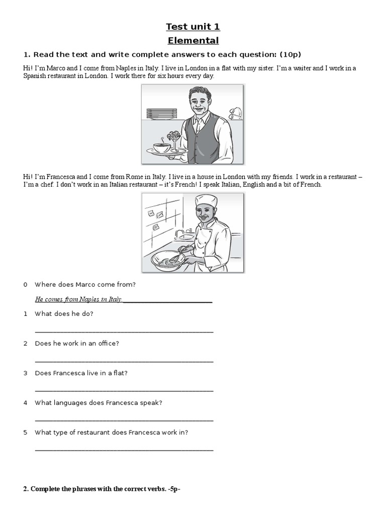 Test Unit 1 Elemental: 1. Read The Text and Write Complete Answers To ...