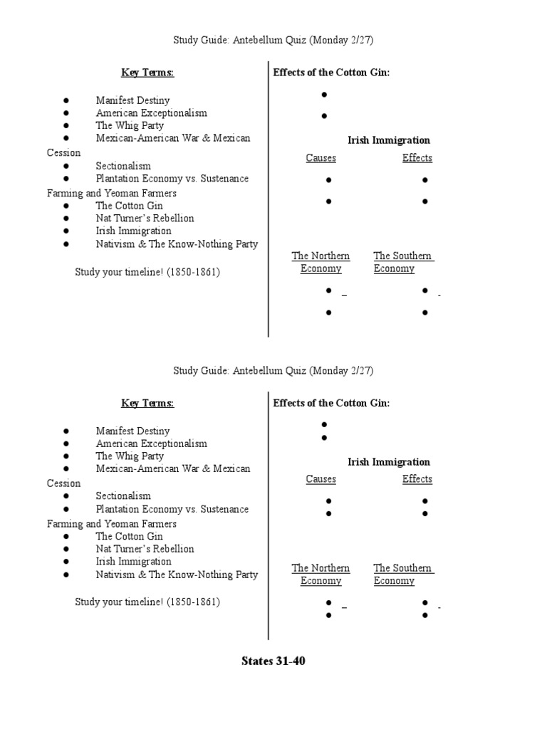 Antebellum Era Study Guide Quiz | PDF