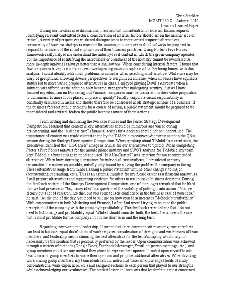Lessons Learned Paper - Chris Steckler | PDF | Strategic Management ...