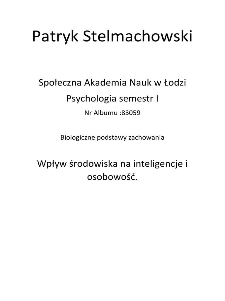 Patryk Stelmachowski - Wpływ Środowiska Na Inteligencje I Osobowość | PDF