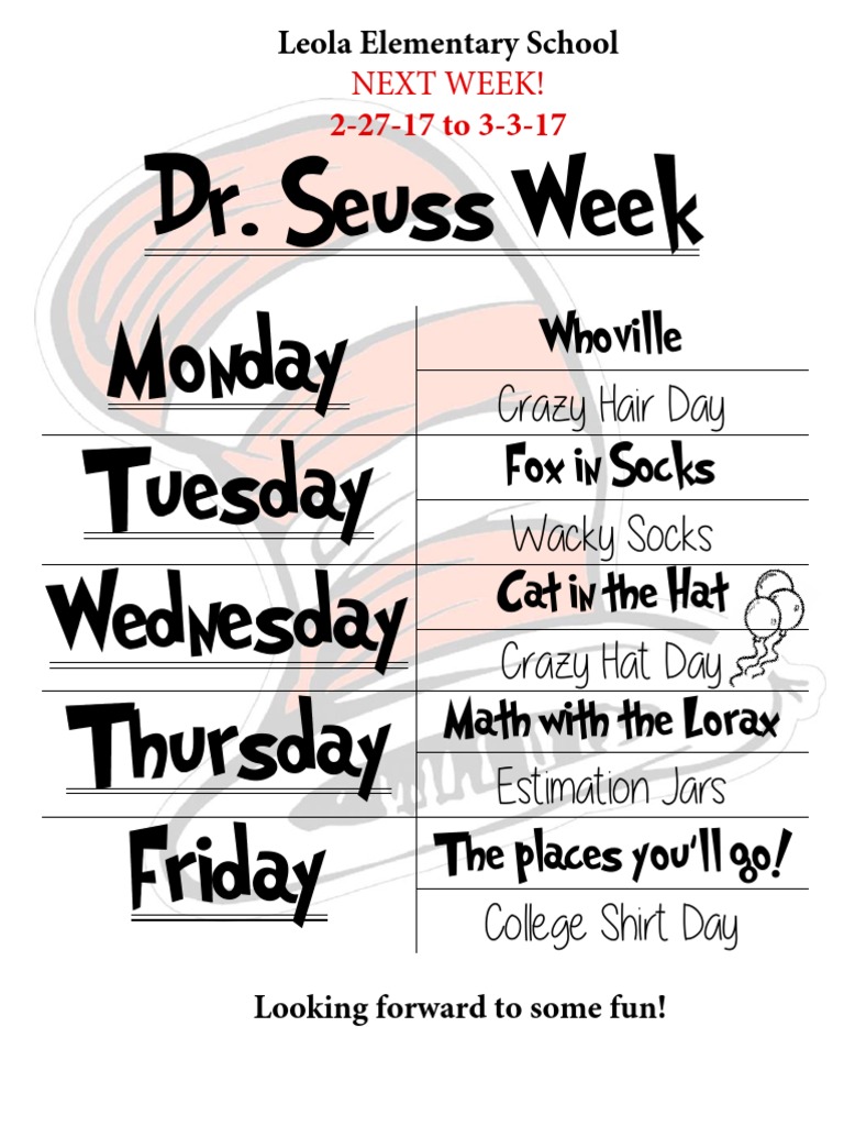 Dr. Seuss Week Activities Schedule | PDF | General Fiction
