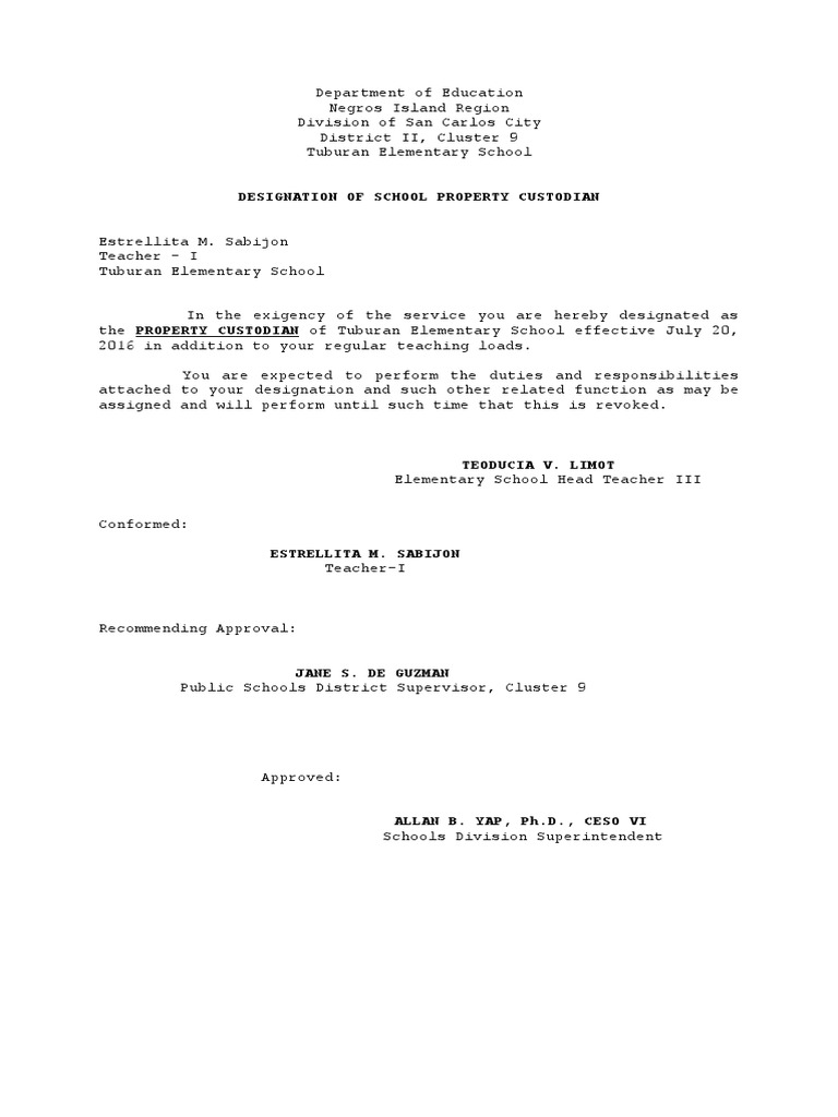 Designation of School Property Custodian | PDF | School Types | Schools