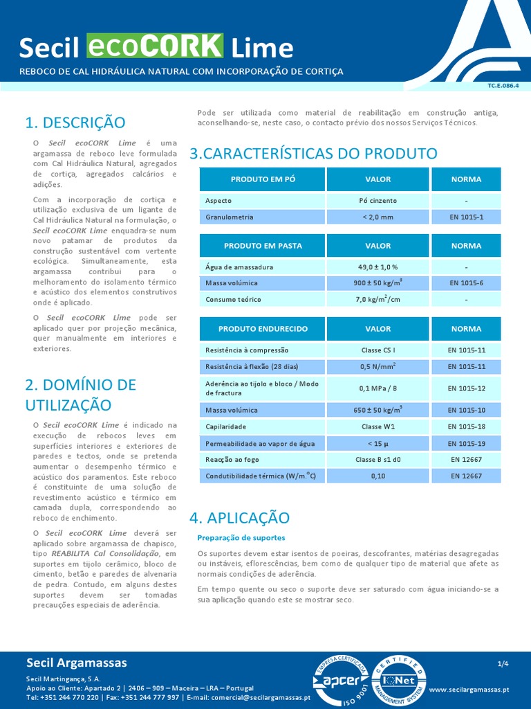 Ficha Técnica Secil EcoCORK Lime | PDF | Argamassa (alvenaria) | Materiais artificiais