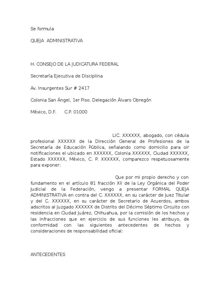Modelo De Queja Cuatro Derecho Procesal Juez