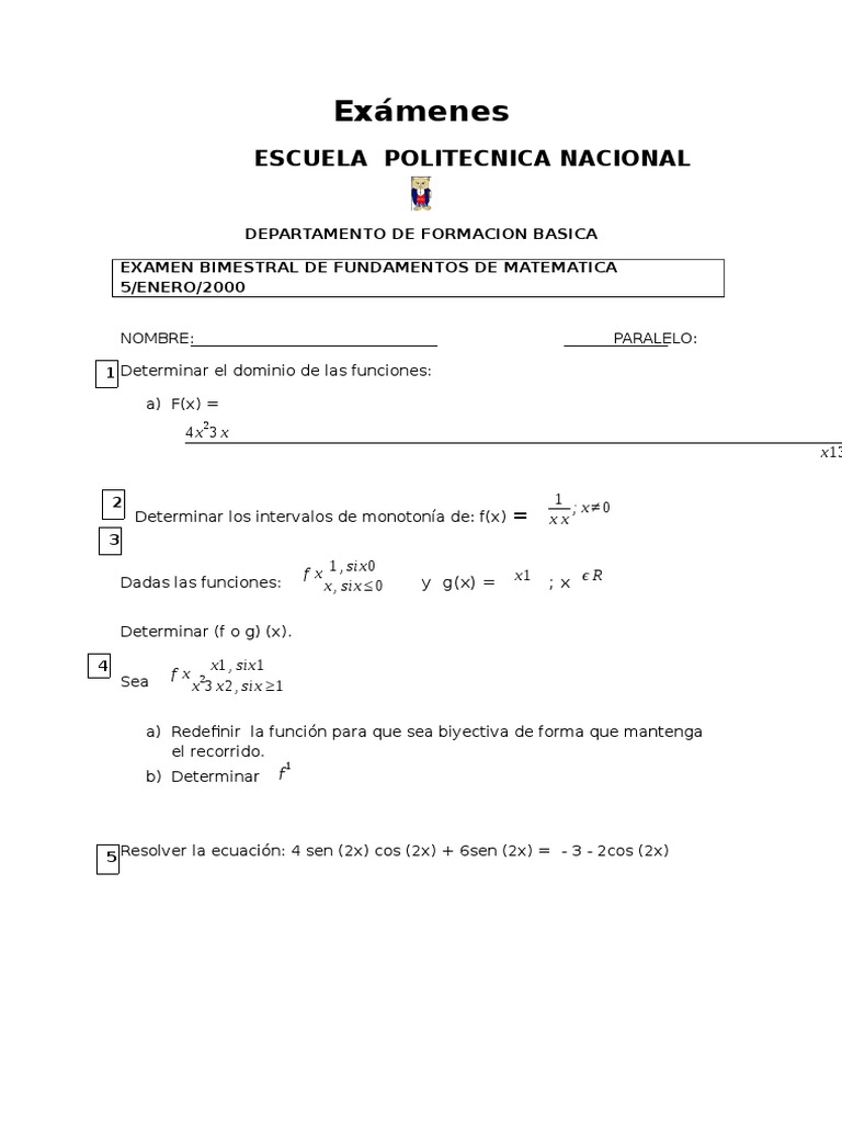62217055-Examenes Sin Resolver | PDF | Función (Matemáticas) | Conceptos matemáticos