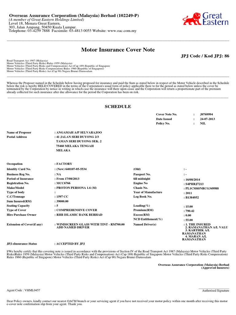 Motor Insurance Cover Note: Overseas Assurance Corporation (Malaysia ...