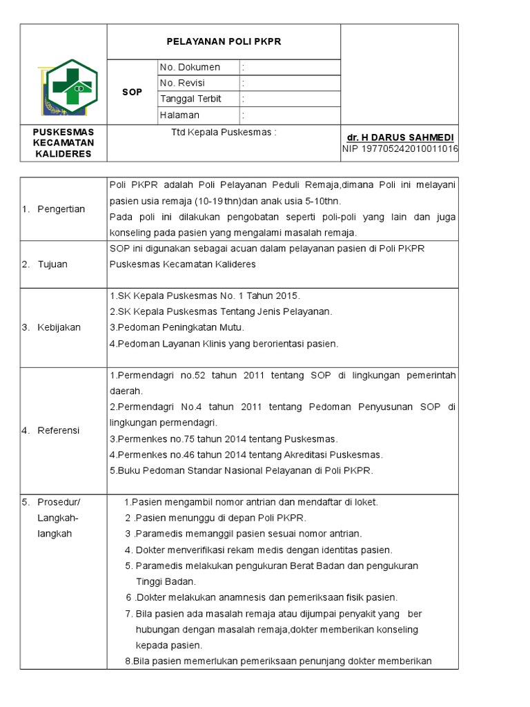 Sop Pelayanan Poli PKPR | PDF