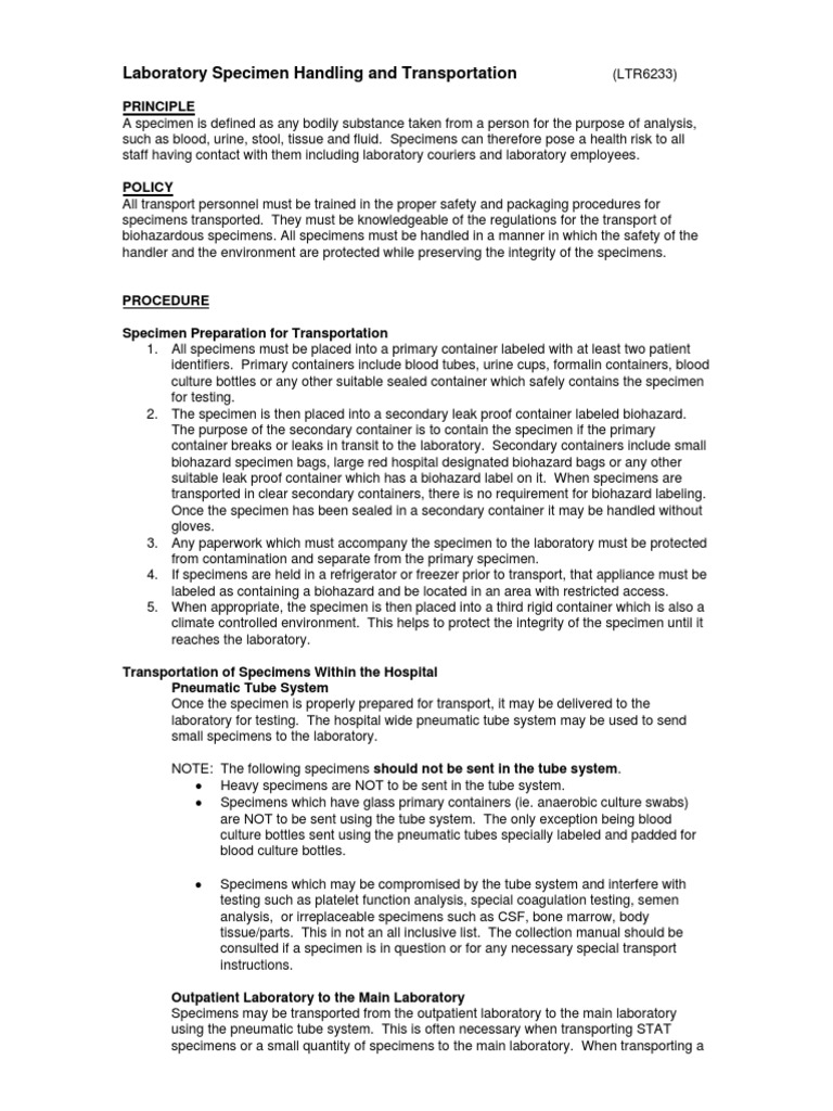 Specimen Handling and Transport Guidelines | PDF | Laboratories ...