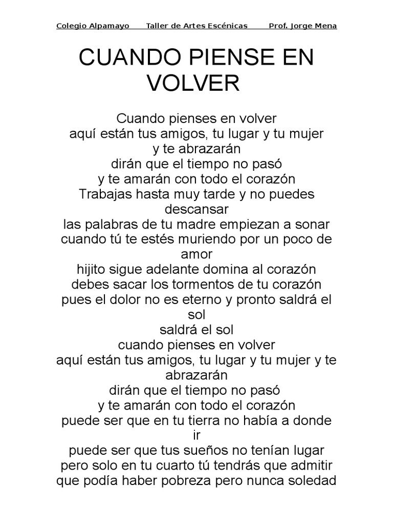 Letra Cuando Pienses en Volver | PDF