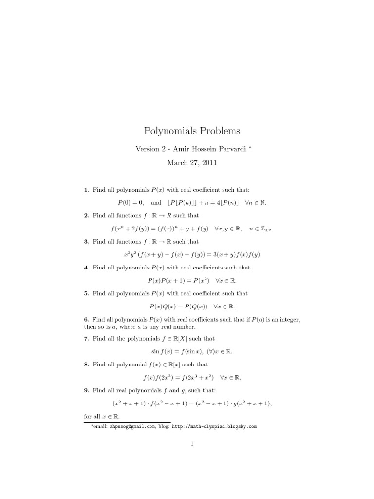 Polynomial Problem Solutions by Parvardi | PDF | Polynomial | Complex Analysis