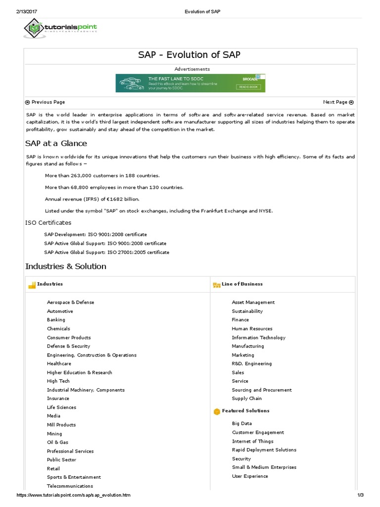 SAP Evolution of SAP: SAP at A Glance | PDF | Sap Se | Cloud Computing