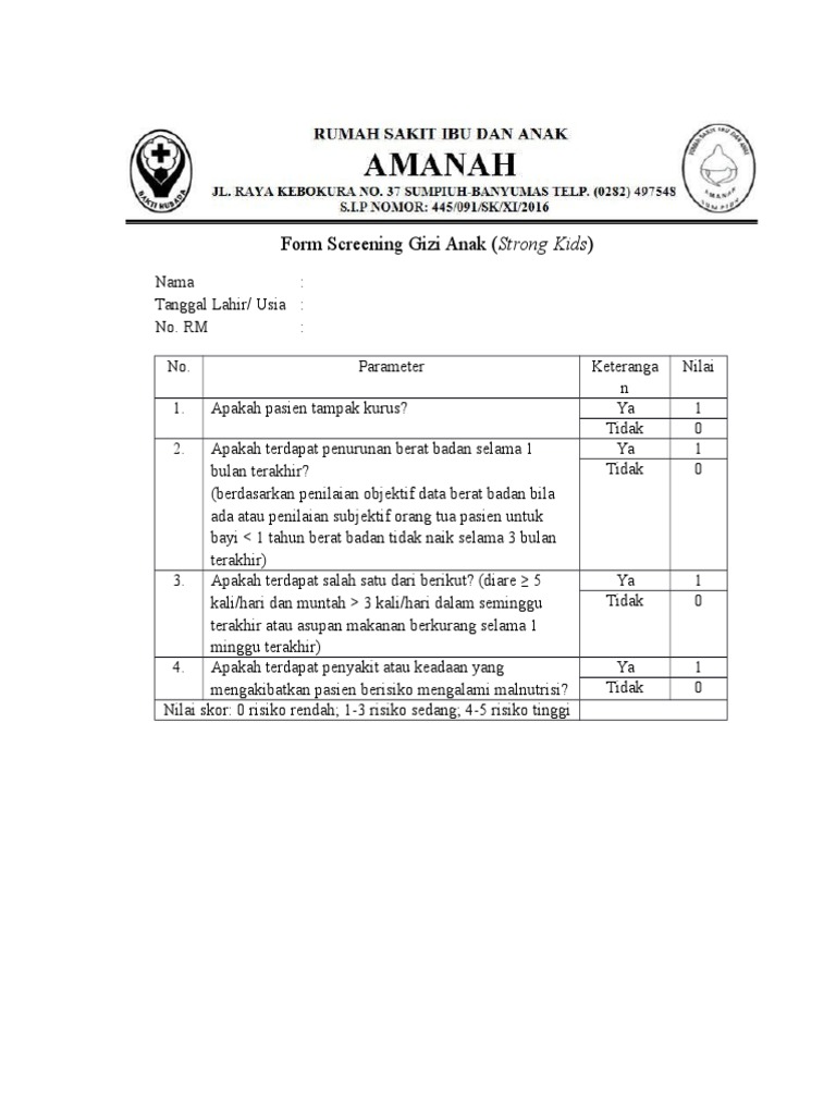 Formulir Skrining Gizi Anak Strong Kids | PDF