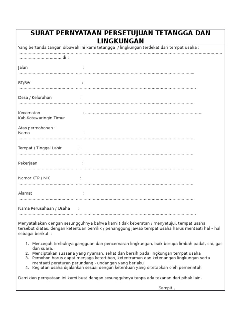 Surat Pernyataan Persetujuan Tetangga Dan Lingkungan | PDF