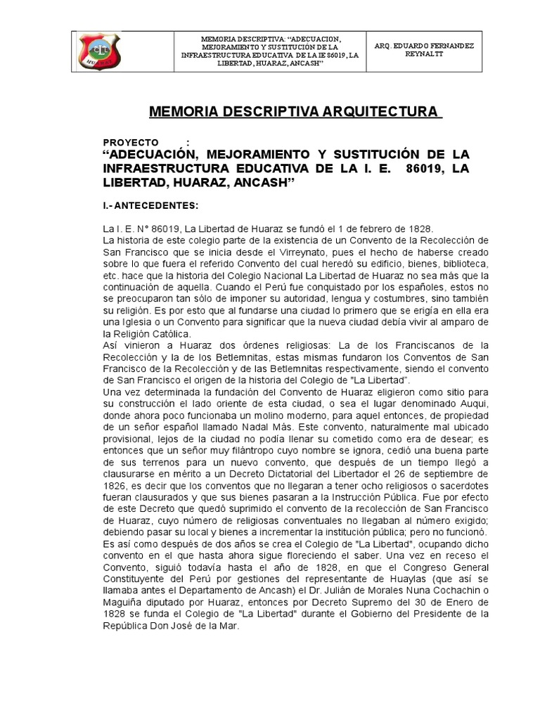 Memoria Descriptiva Arquitectura Proyecto Def. CN La Libertad | PDF | Educación Secundaria ...