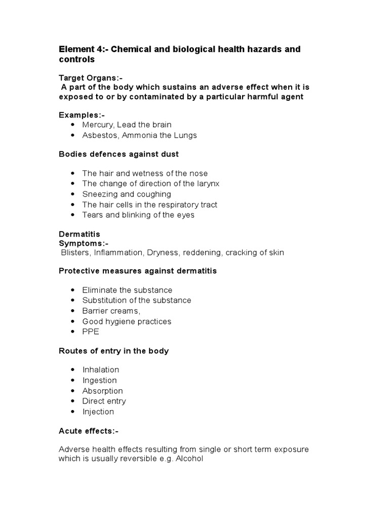 Chemical and Biological Health Hazards: Target Organs, Routes of Entry ...