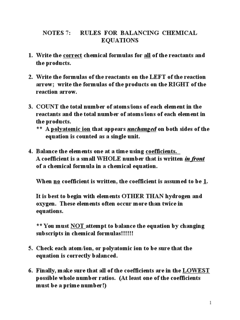 Unit 8 Notes 7 Rules For Balancing Chemical Equations | PDF | Chemistry ...