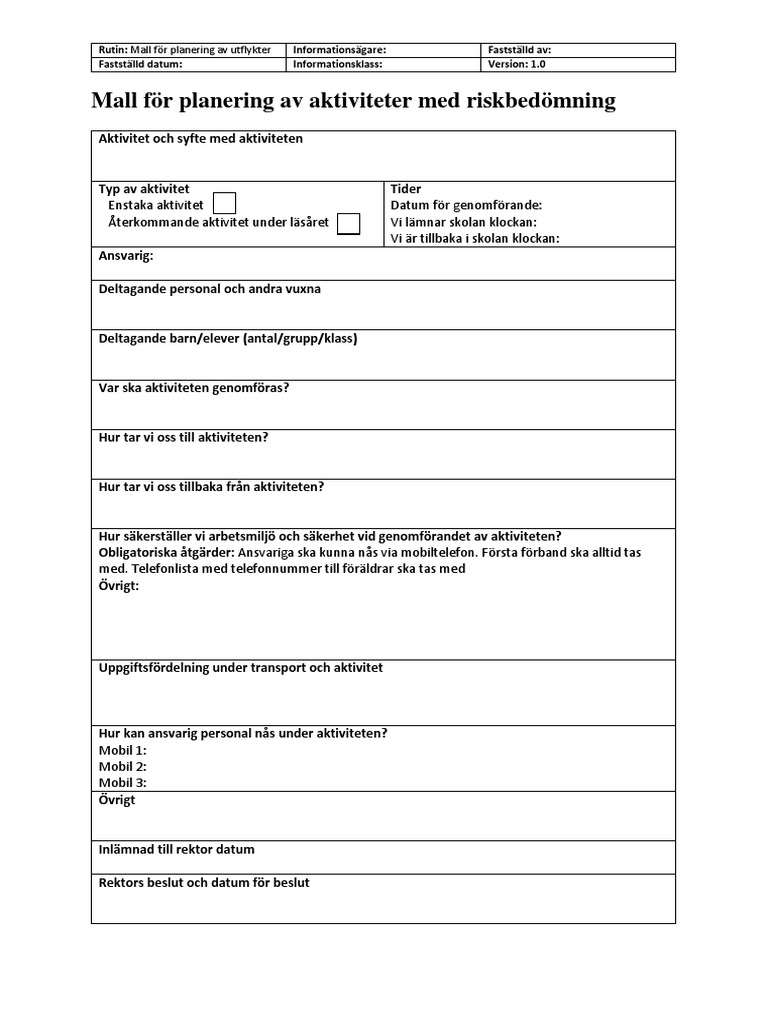 Mall För Planering Av Aktiviteter | PDF