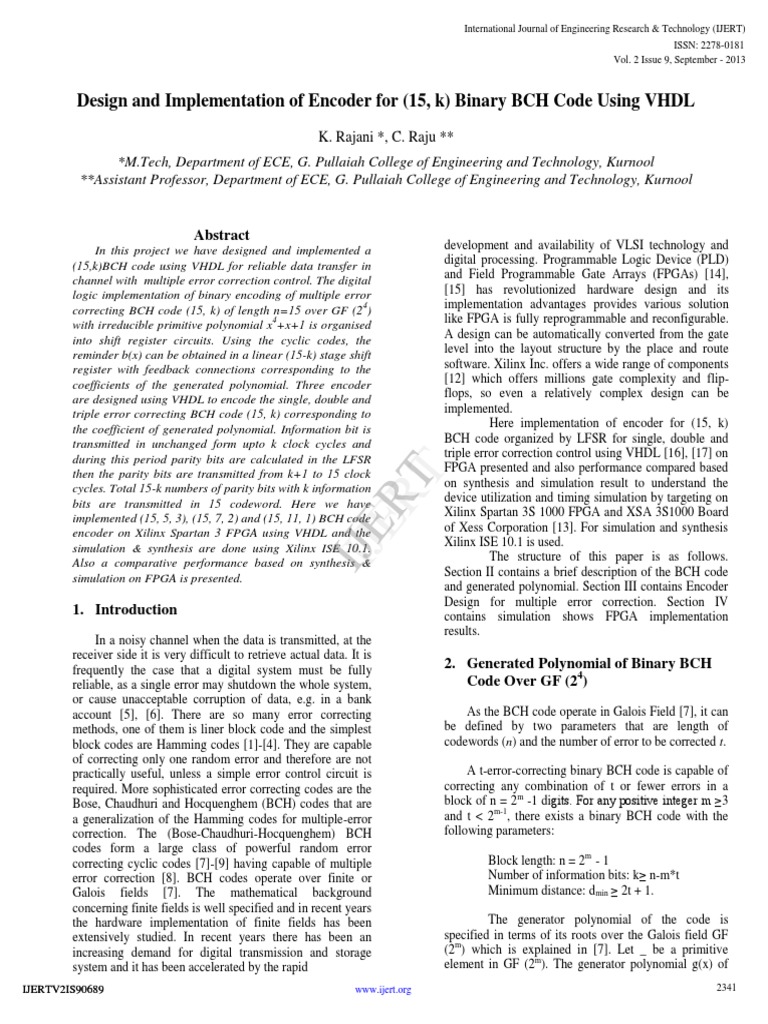 Ijert Ijert: Design and Implementation of Encoder For (15, K) Binary BCH Code Using VHDL | PDF ...