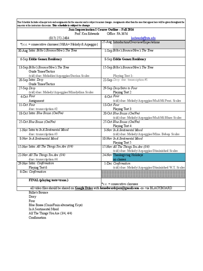 Improv 1 f2016 Course Outline (Updated 09-22-2016) Sheet1 | PDF ...