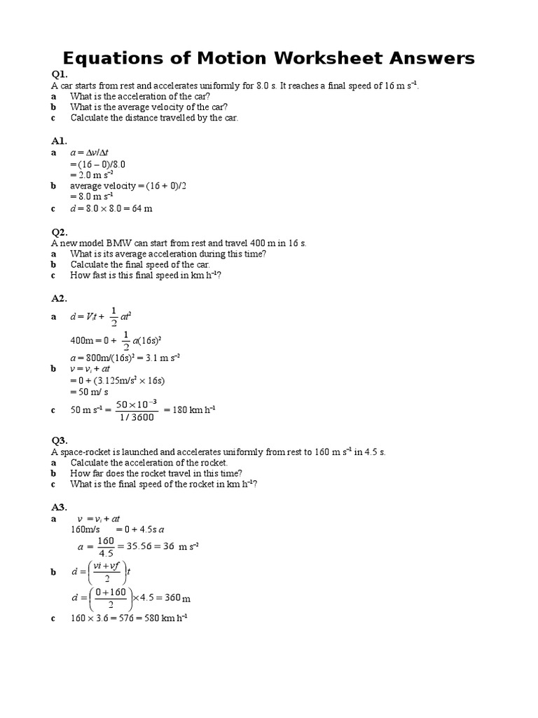 Equations of Motion Worksheet With - Answers - hw11 | PDF | Diving ...